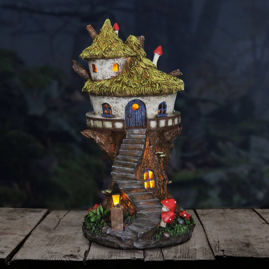 13" Solar Thatch Roof Tree House with Staircase - Overstock - 19994707