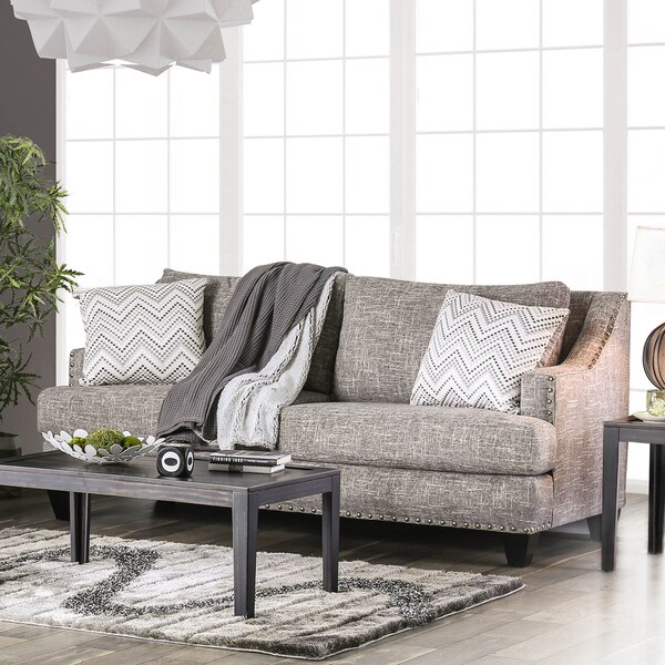 Jiff Transitional Grey Fabric Upholstered Nailhead Trim Sloped Arms Sofa by Furniture of America Bed Bath Beyond 20301776