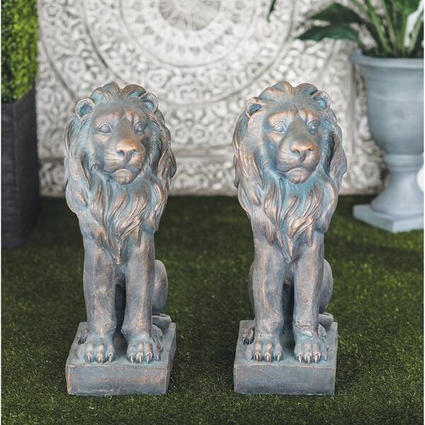 Pair of Traditional 31 Inch Gray Polystone Lion Sculpture - Bed Bath ...