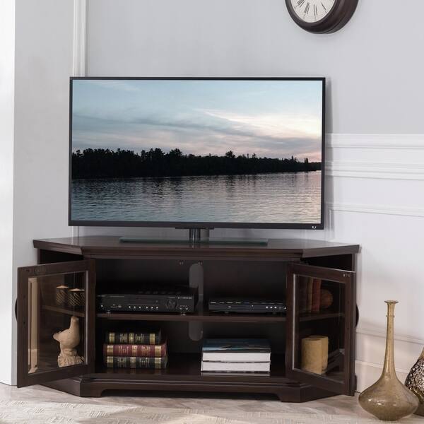 Chocolate Cherry & Bronze Glass 56 Inch Corner TV Console with Bookcase ...