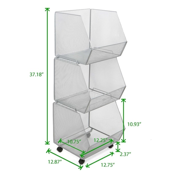 Mind Reader 3 Tier Metal Mesh Rolling Stacking Storage Bins, Silver ...