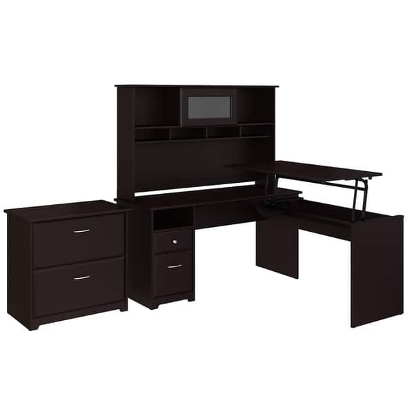 Cabot 60W L Shaped Sit to Stand Desk with Hutch and Storage in Oak ...