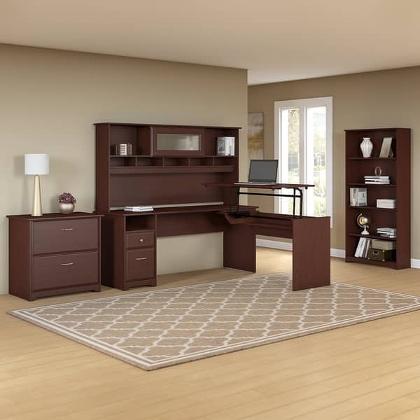 Cabot L Shaped Sit to Stand Desk with Hutch and Storage in Cherry - Bed ...