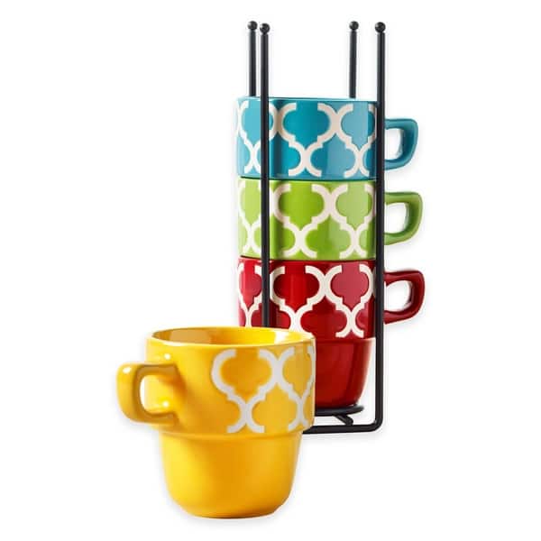 Ceramic 5 Pcs Stacking Coffee Mug Set With Rack Mugs With Stand Tile ...