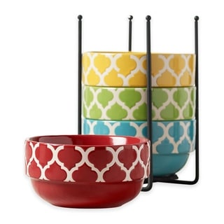 Ceramic 5 Pcs. Stacking Cereal Soup Salad Bowl With Rack Stand - Tile ...