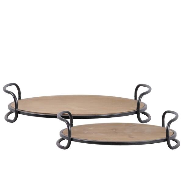 UTC54704 Wood Round Tray with Metal Side Handles and Bottom Set of Tw ...
