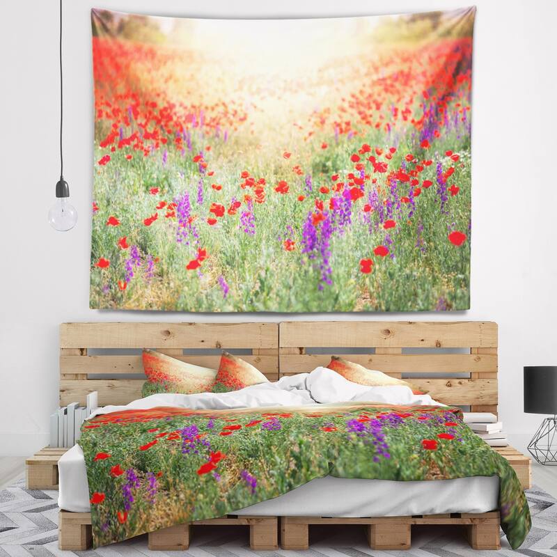 Designart 'Expansive Poppy Field At Sunset' Floral Wall Tapestry ...