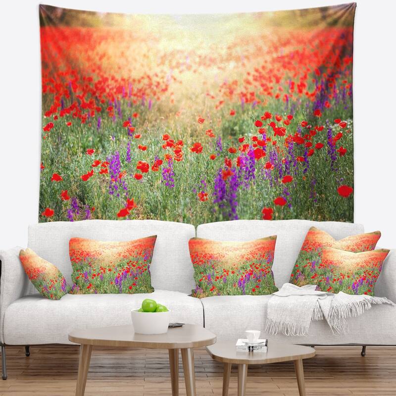 Designart 'Expansive Poppy Field At Sunset' Floral Wall Tapestry ...