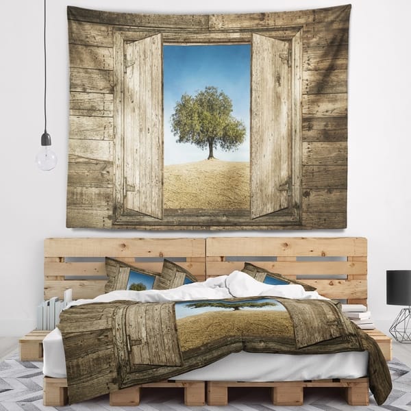 Designart 'Window Open To Solitary Tree' Modern Landscape Wall Tapestry ...