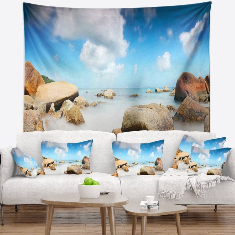 Designart 'Rocky Blue Seashore Panorama' Landscape Wall Tapestry ...