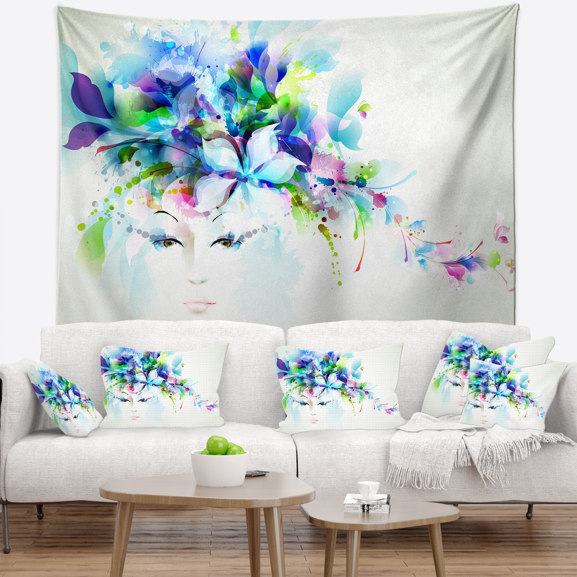 Designart 'White Lilies on Blue Watercolor' Floral Wall Tapestry - Bed ...