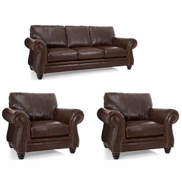 Bronco Premium Brown Top Grain Italian Leather Sofa and Two Chairs ...