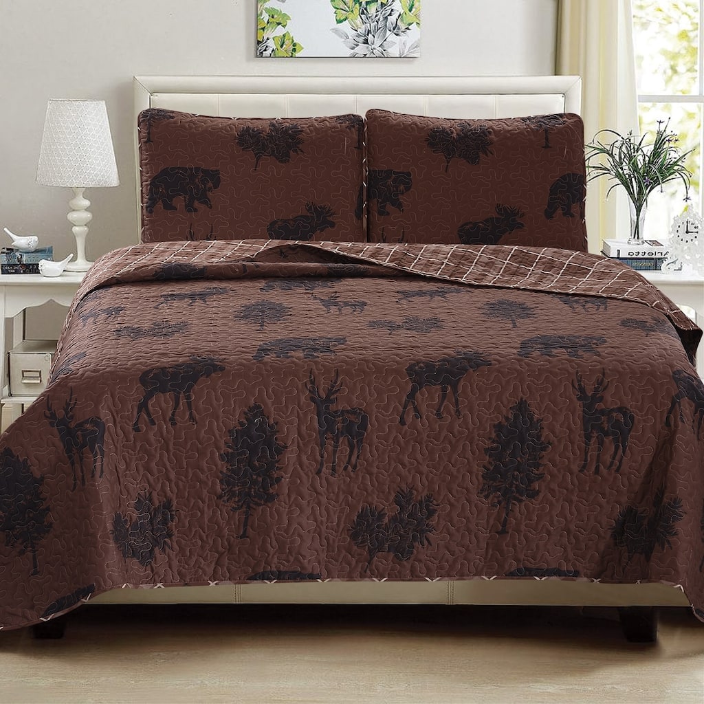 Nathaniel Collection 3-Piece Printed Quilt Set with Shams - Overstock ...