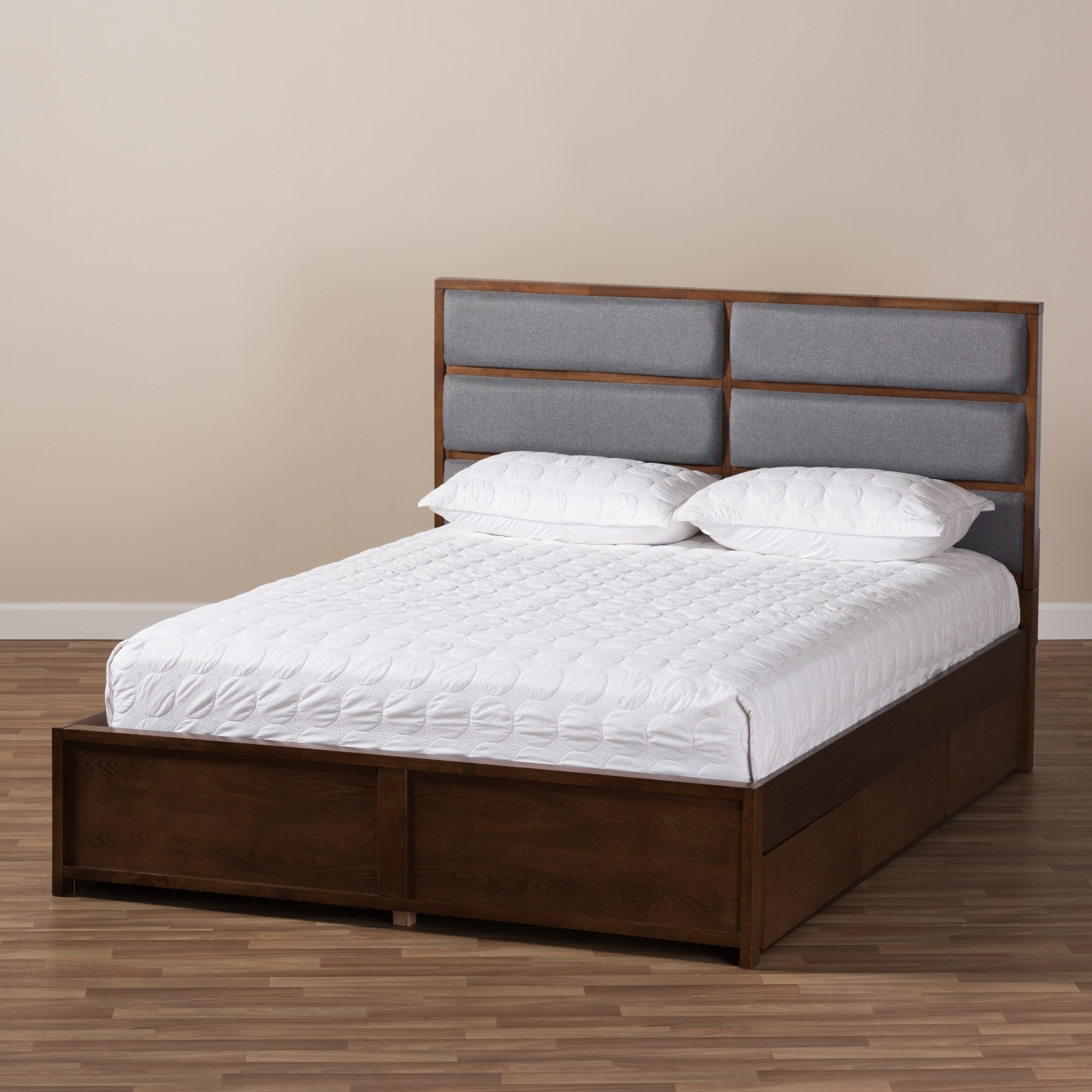 Strick Bolton Mori Contemporary Grey Fabric and Walnut Wood Storage Bed On Sale Bed Bath Beyond 23599179