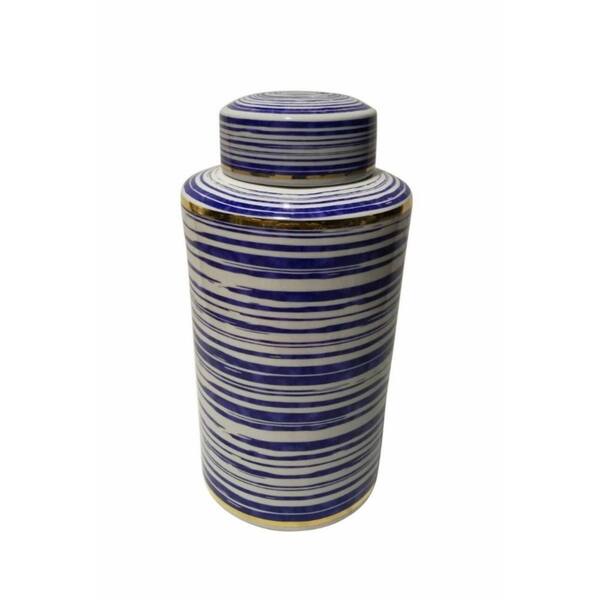 Ceramic Covered Jar With Horizontal Stripe, Blue And White - Bed Bath ...