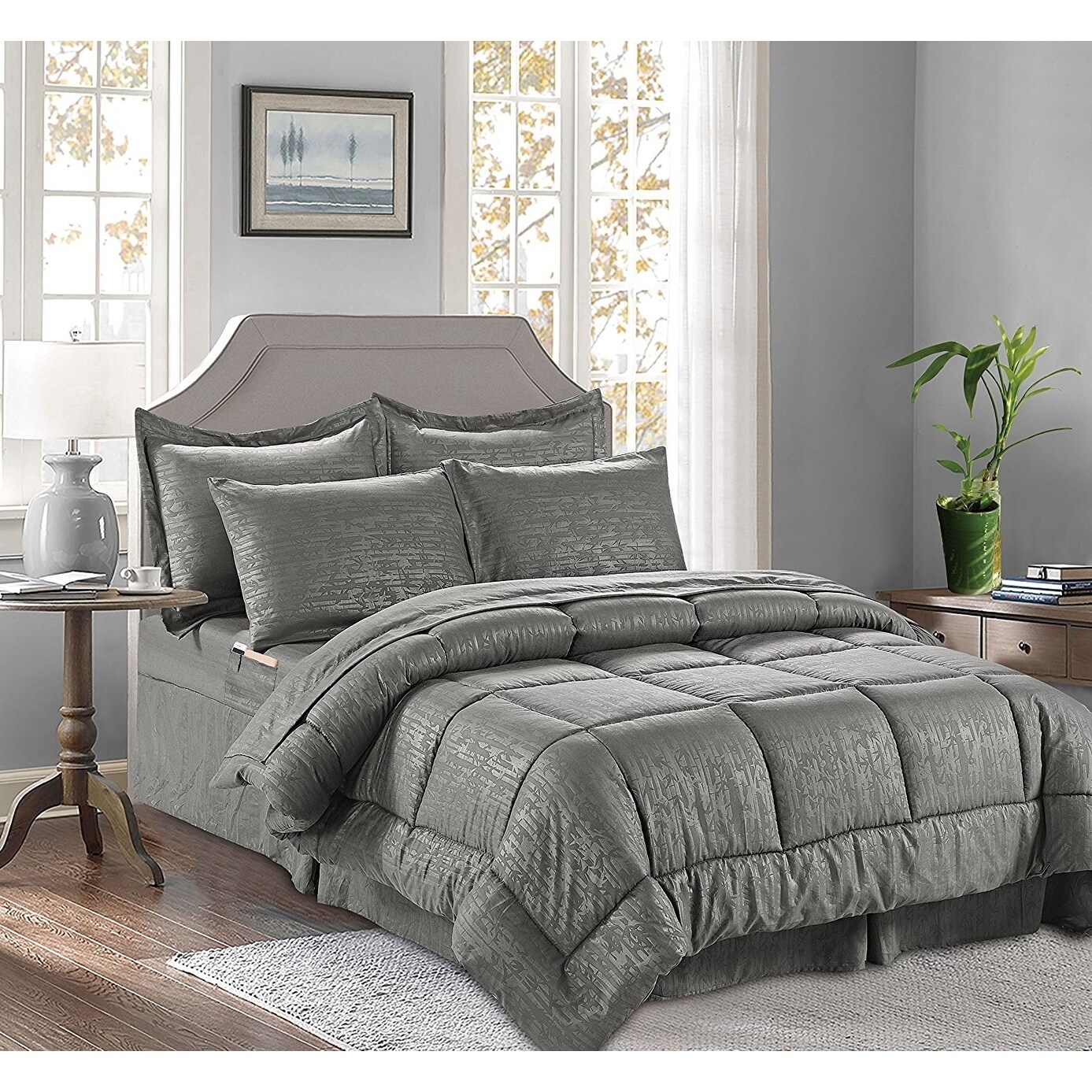 Elegant Comfort 8 PIECE Bed in a Bag Bamboo Design Comforter with Storage Pockets Full Queen Size in Grey As Is Item Bed Bath Beyond 28820903