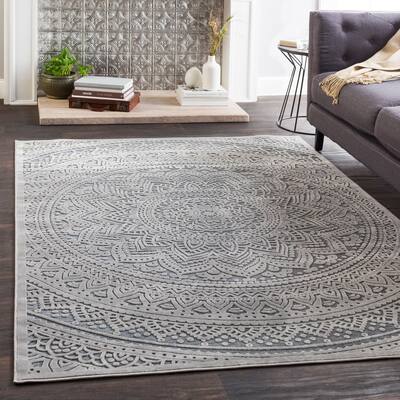Aubree Soft Gray Chenille Mandala Area Rug - 7'10" x 10'3" - Overstock ...