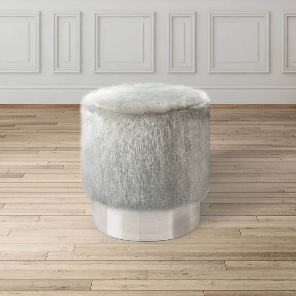 Modern Round Gray Faux Fur Metal Ottoman - Overstock - 21946432