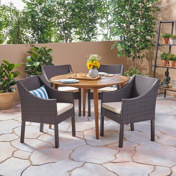 Torrence Outdoor 5 Piece Wood and Wicker Dining Set - Bed Bath & Beyond ...