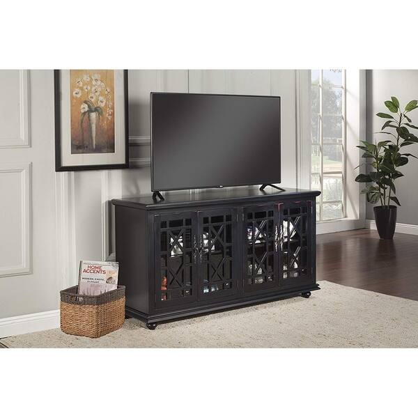 Wooden TV Stand With Trellis Detailed Doors, Antiqued Black - Bed Bath ...