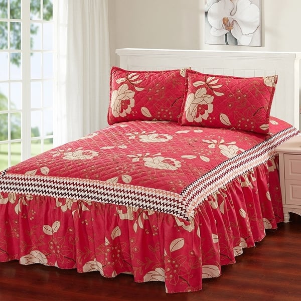 Hailey 3 Piece bedspread set with attached bed skirt - Cranberry - Bed ...