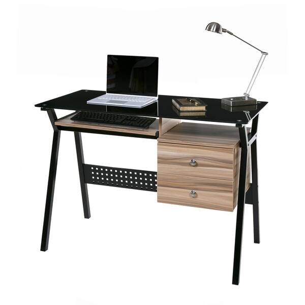 OneSpace 50-LD5105WN Glass Desk with Wood Drawers and Pullout Keyboard ...