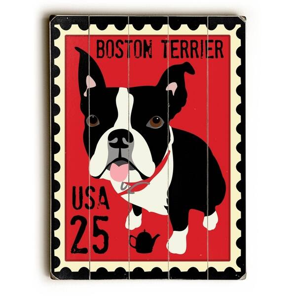 Boston Terrier Postage Stamp - Planked Wood Wall Decor by Ginger ...