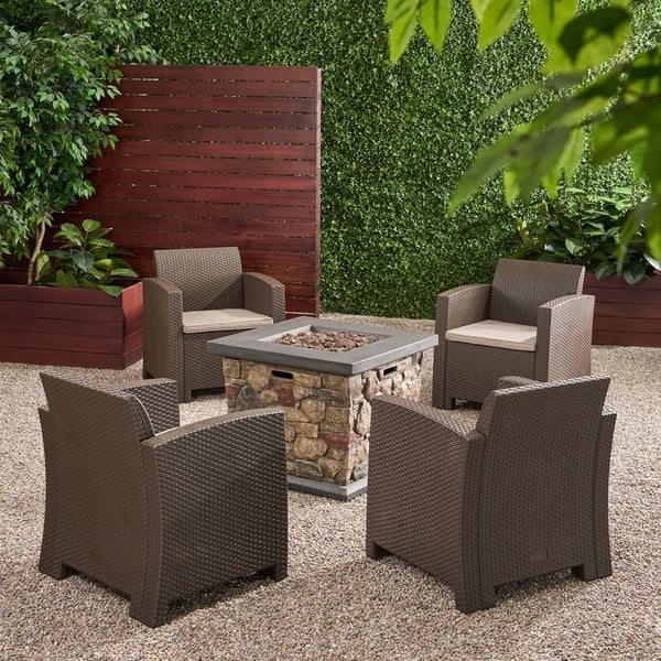 Caley Outdoor 4-Seater Wicker Print Club Chair Chat Set With Fire Pit ...
