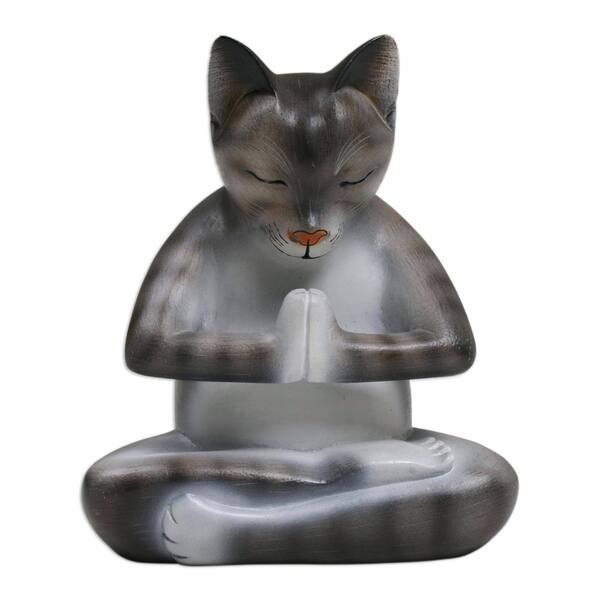 Handmade Meditating Kitty In Grey Wood Sculpture (Indonesia) - Bed Bath ...