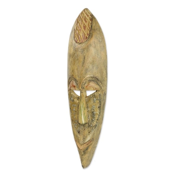Handmade Akwapim King Ghanaian Wood Mask (Ghana) - 19.25" H x 5.5" W x ...