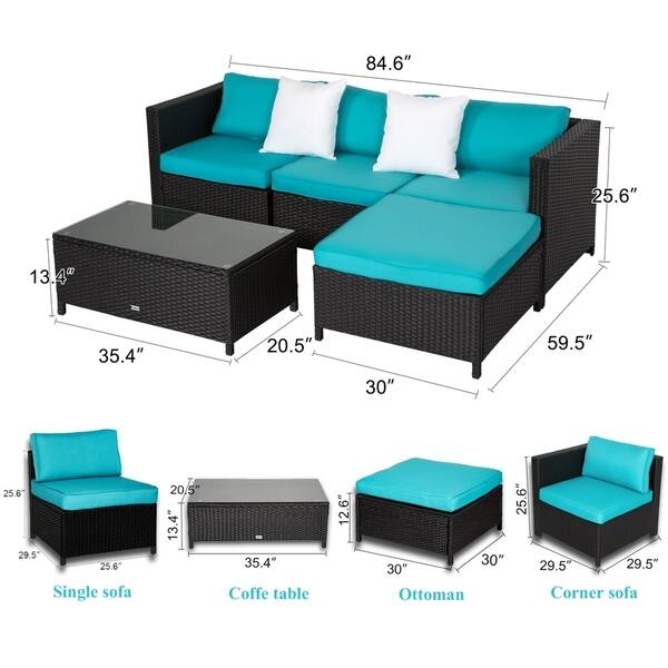 Kinbor 5-Piece Patio Furniture PE Rattan Wicker Sectional Sofa Set ...