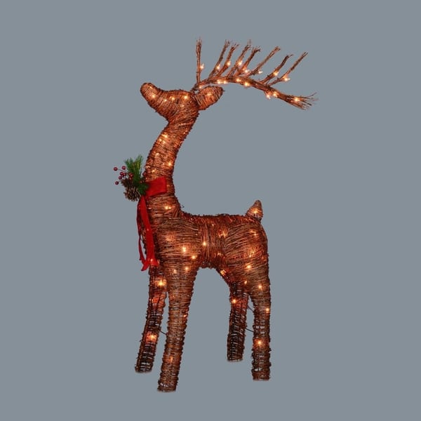 48" Pre-Lit Standing Rattan Reindeer with Red Bow and Pine Cones ...