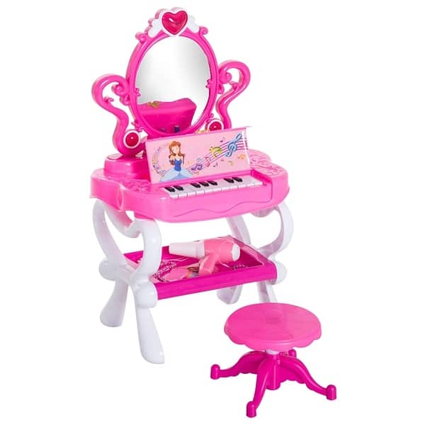 Qaba 2-In-1 Kids Pretend Play Set Piano Princess Vanity Table With ...