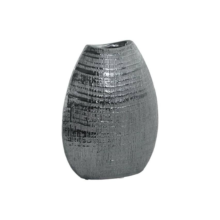 Ceramic Biconvex Crescent Ribbed Design Vase, Distressed Silver Finish ...