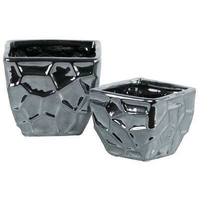 Ceramic Square Vase with Embossed Irregular Design, Set Of 2, Silver ...