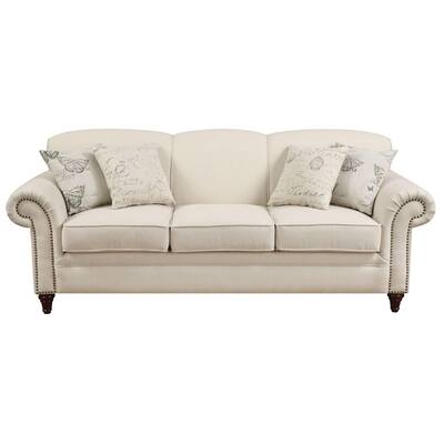 Traditional Fabric & Wood Sofa With Rolled Arms, Oatmeal Brown ...