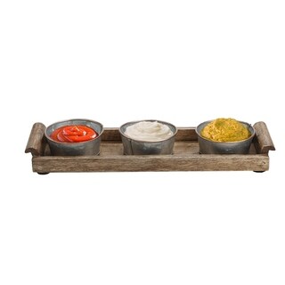 Mind Reader Wood Tray with 3 Galvanized Bowls, Condiment Serving Set ...