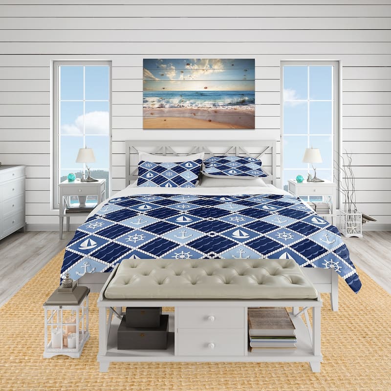 Designart 'Anchor and sailboat on blue waves' Coastal Bedding Set ...
