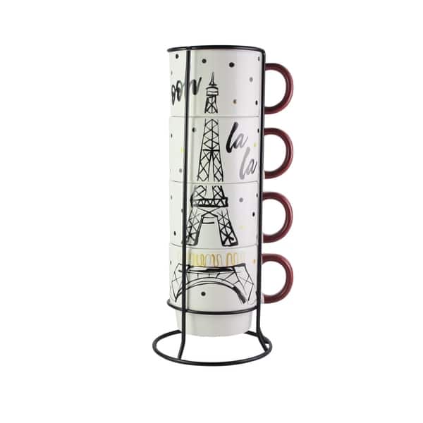 eiffel tower 5 pc mug set w/metal rack 14oz - Bed Bath & Beyond - 25582748