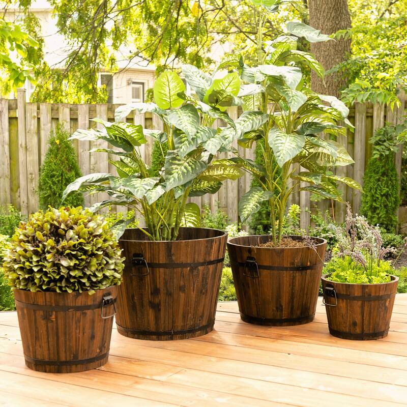 Set of 4 Medium Barrel Style Round Wooden Planters - Overstock - 25608909