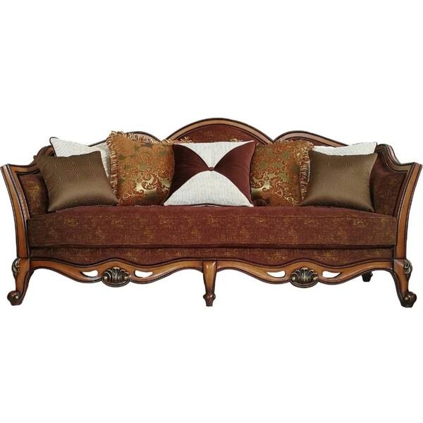 Traditional Style Wooden Sofa with 7 Pillows, Oak Brown - Bed Bath ...