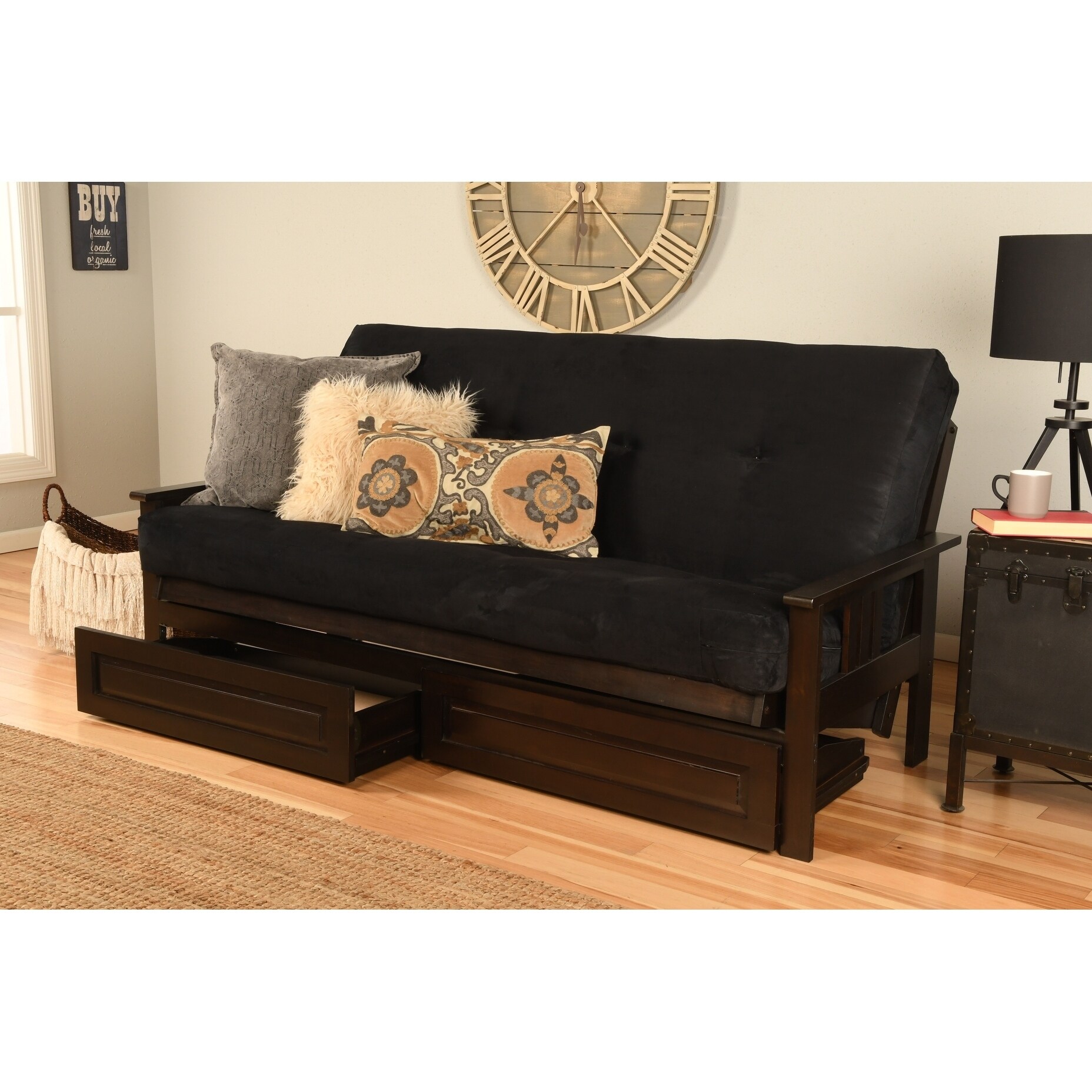 Espresso Queen size Suede Futon Set with Storage Drawers On Sale Bed Bath Beyond 26037542