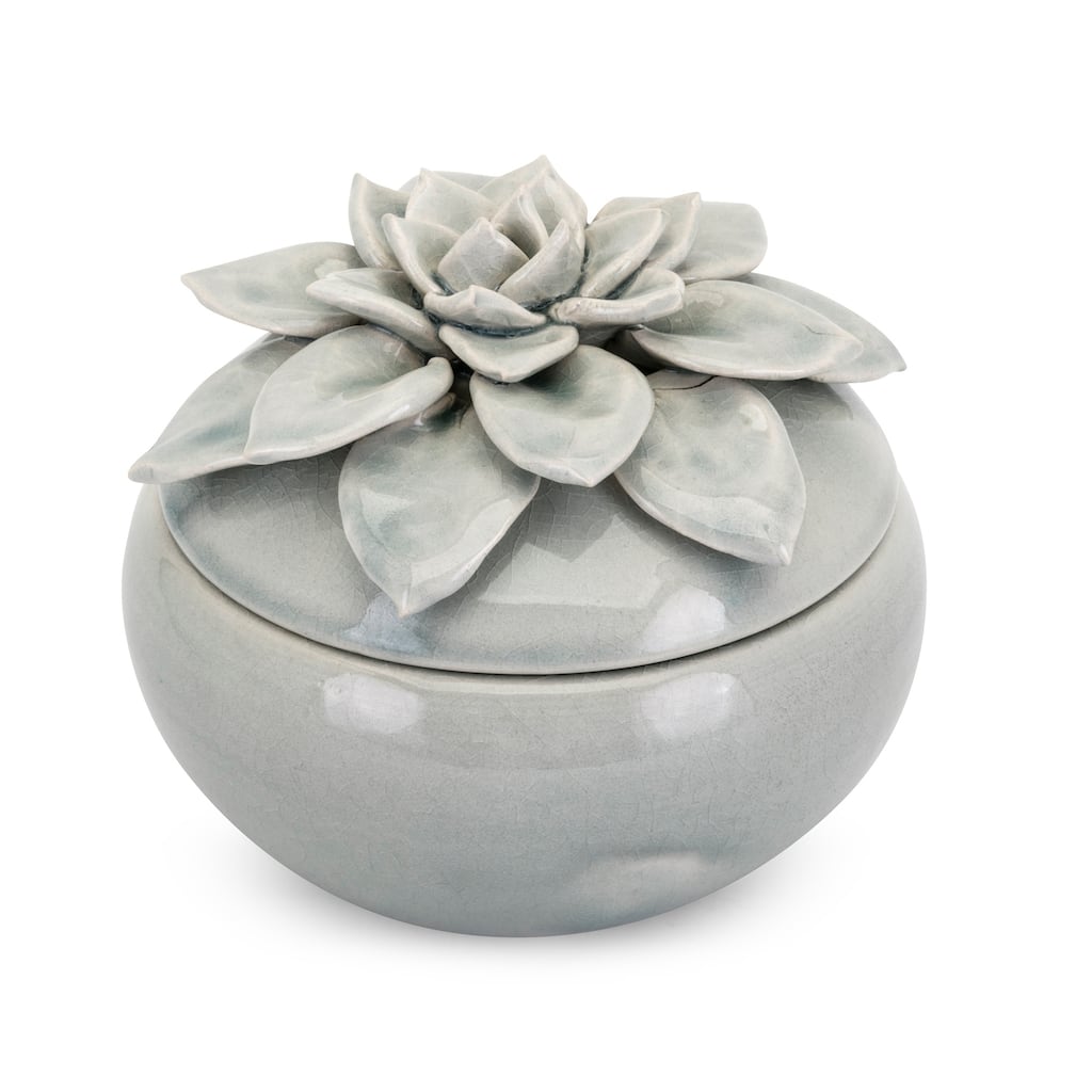 Round Ceramic Flower Lidded Box with Crackled Texture, Large, Gray ...