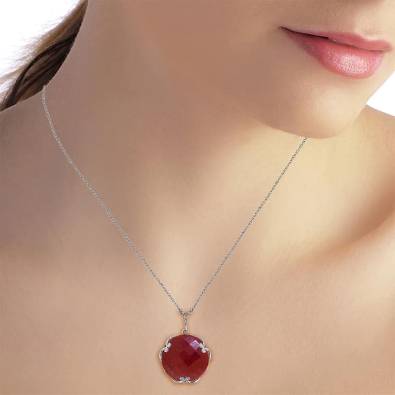 14K Solid White Gold Necklace with Checkerboard Cut Round Dyed Ruby ...