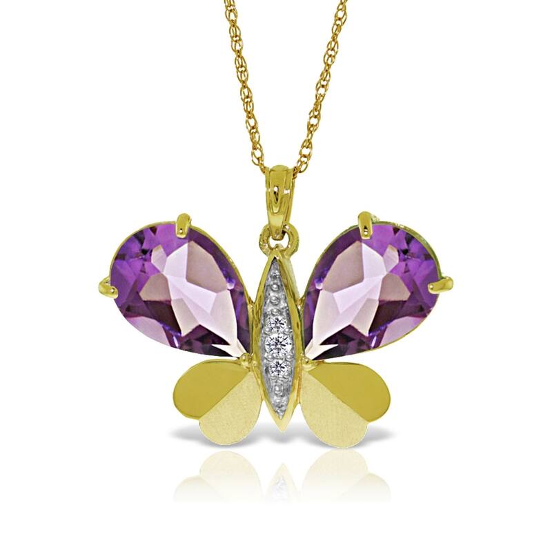 14K Solid Gold Batterfly Necklace with Natural Diamonds & Amethysts ...