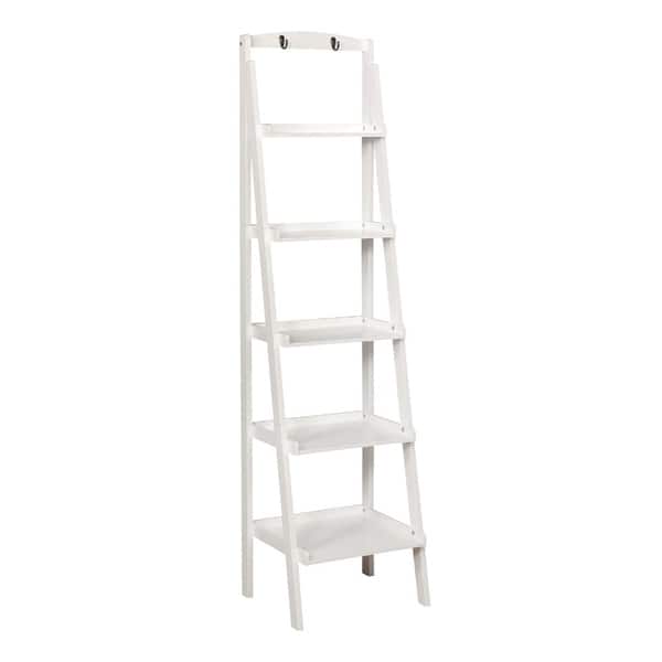 Contemporary Five Tier Wooden Ladder Shelf with Two Attached Hook On ...