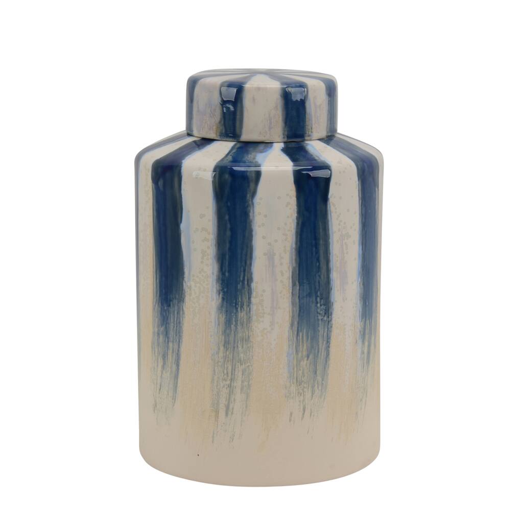 Large Size Ceramic Lidded Jar with Stripe Design, White and Blue ...
