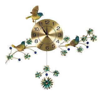 Birds & Flowers Gold Metal Wall Clock Large Decorative Wall Art w/Blue ...