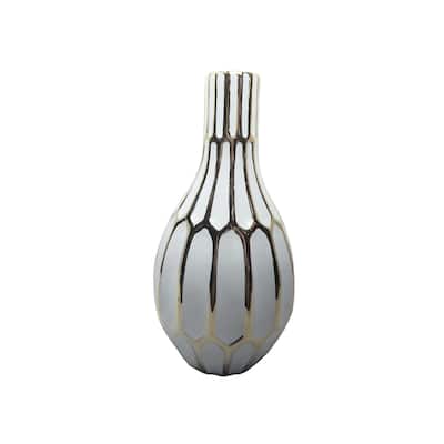 Decorative Embossed Ceramic Vase with Elongated Neck, White and Gold ...