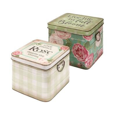 Vintage Style Iron Storage Tins with Floral Design, Set of Two ...